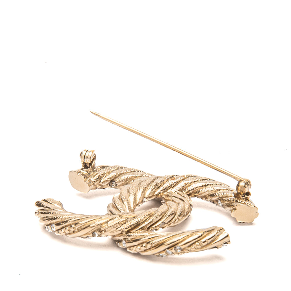 Chanel Light Gold Crystal Twisted CC Brooch
